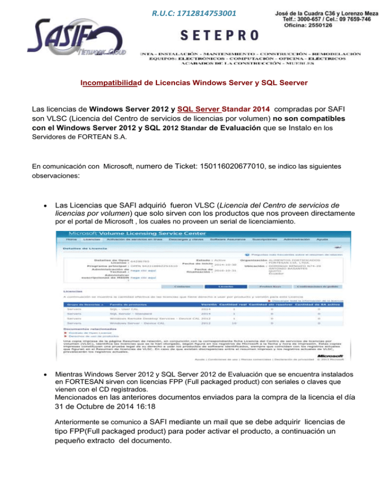 Incompatibilidad de Licencias Windows Server y SQL Seerver