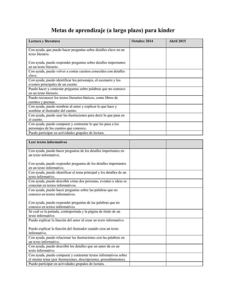 Metas de aprendizaje (a largo plazo) para kínder