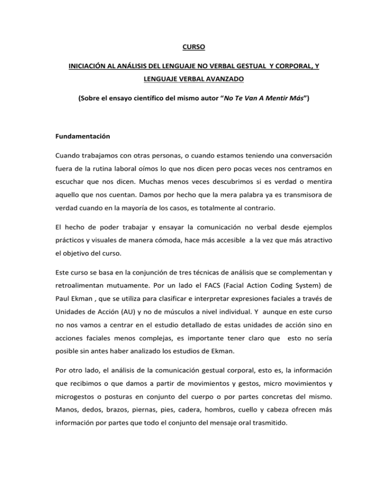 Curso IniciaciÓn Al AnÁlisis Del Lenguaje No Verbal Gestual Y