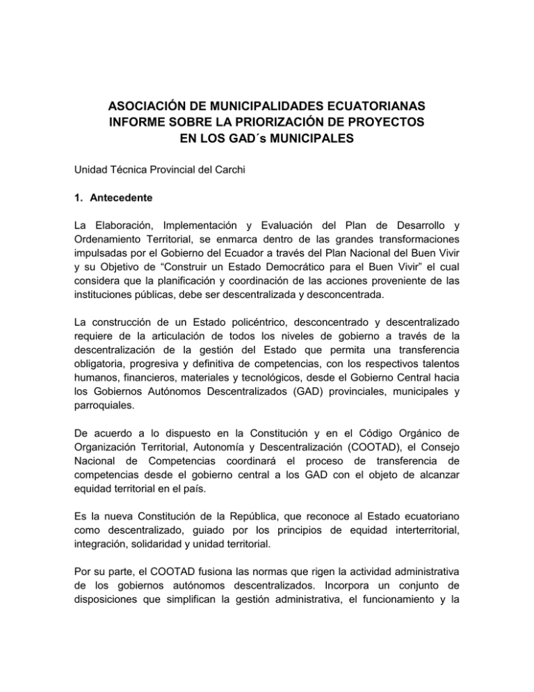 ASOCIACIÓN DE MUNICIPALIDADES ECUATORIANAS INFORME