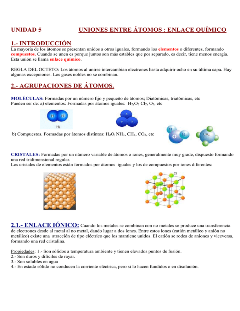 UNIDAD 5 UNIONES ENTRE ÁTOMOS : ENLACE QUÍMICO