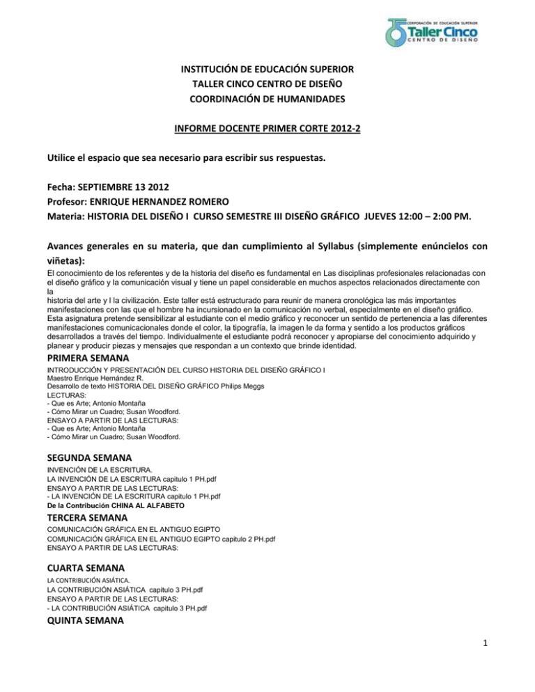 informe docente humanidades - HISTORIADELDISENOGA