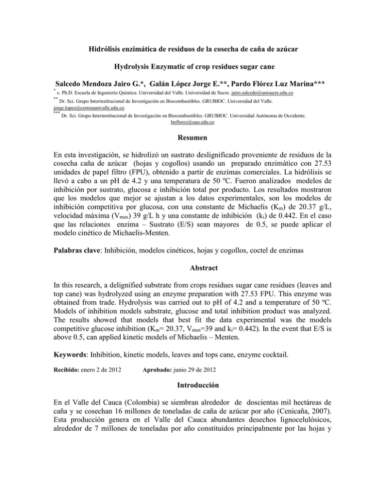 Hidrólisis enzimática de residuos de la cosecha de caña de... Hydrolysis Enzymatic of crop ...