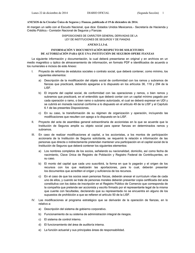 ANEXOS de la Circular Única de Seguros y Fianzas, publicada el