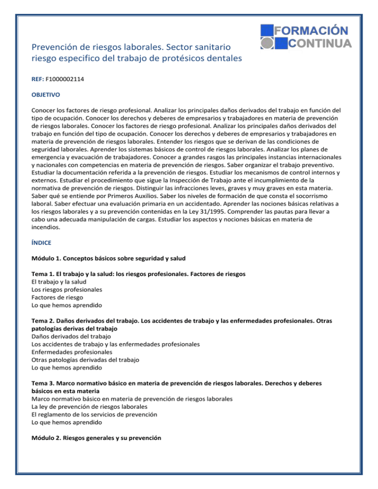 Prevención de riesgos laborales. Sector sanitario riesgo especifico