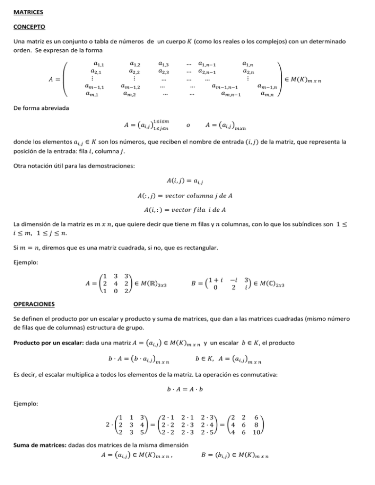 MATRICES CONCEPTO Una matriz es un conjunto o tabla de