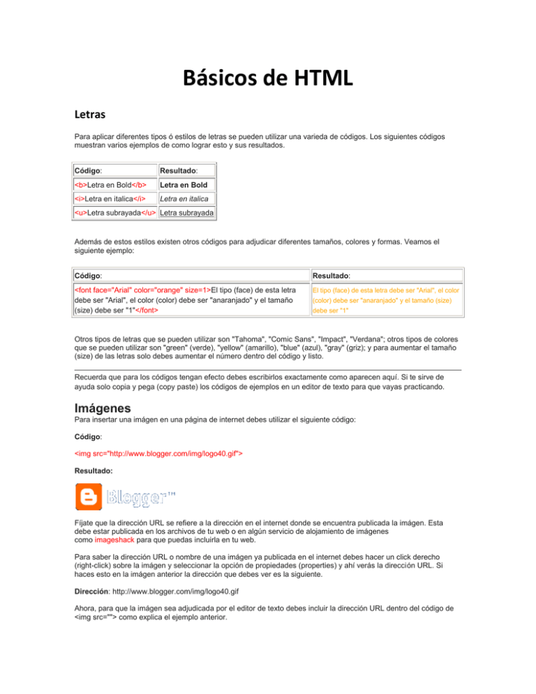 Básicos de HTML Letras Para aplicar diferentes tipos ó estilos de