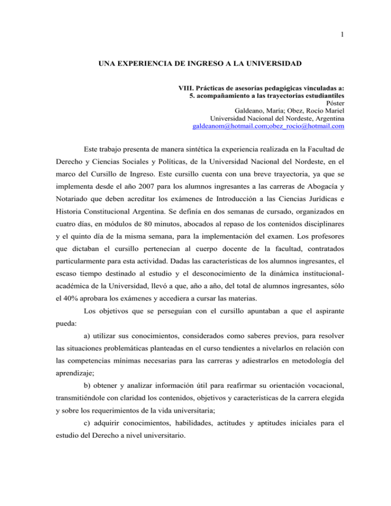 UNA EXPERIENCIA DE INGRESO A LA UNIVERSIDAD