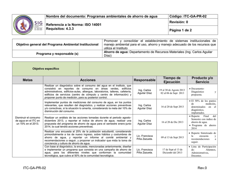 Nombre del documento: Programas ambientales de ahorro de agua Código ... Nombre del documento: Programas ambientales de ahorro de agua Código ...
