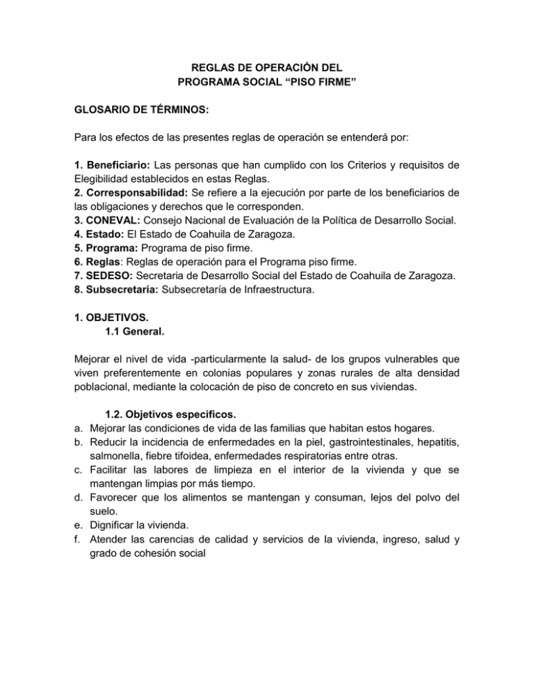 reglas de operación piso firme