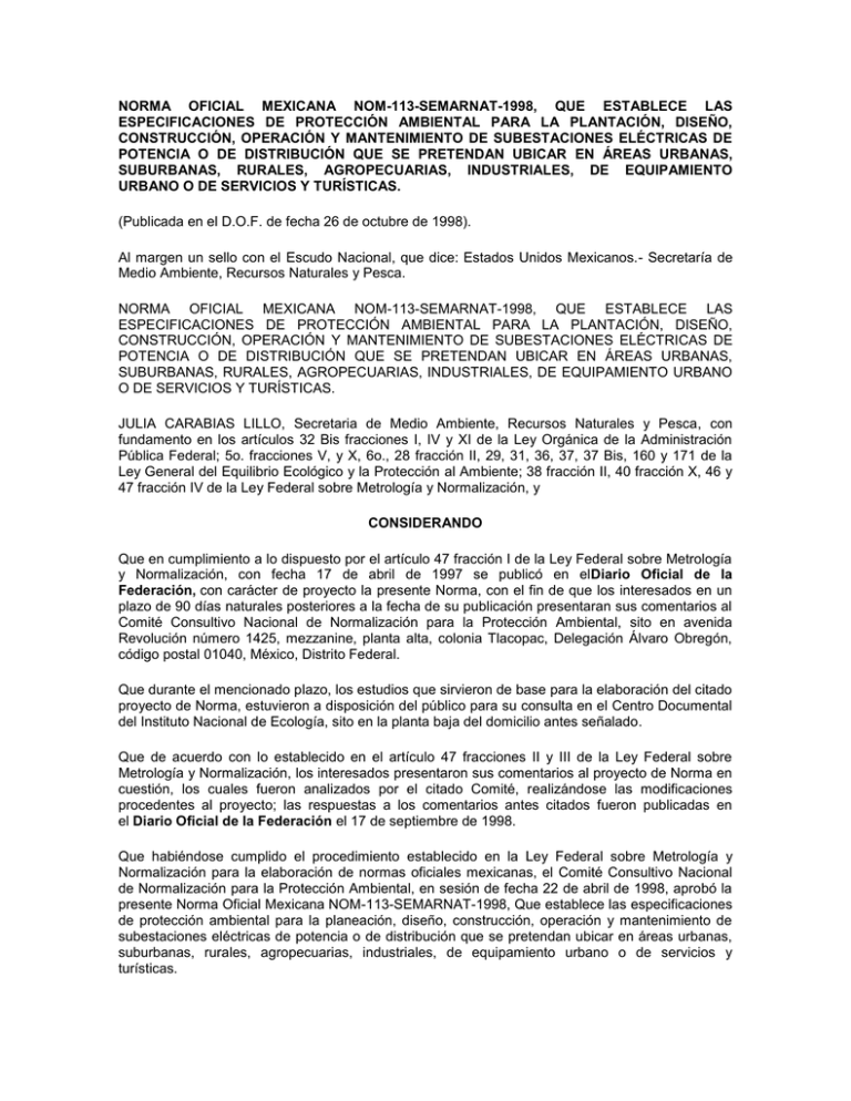 NOM-113-SEMARNAT-1998 SUBESTACIONES ELÉCTRICAS