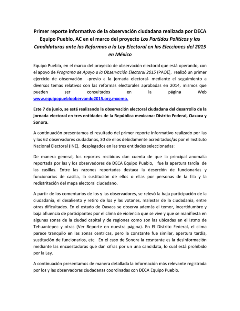 Primer reporte informativo Observación Ciudadana de DECA