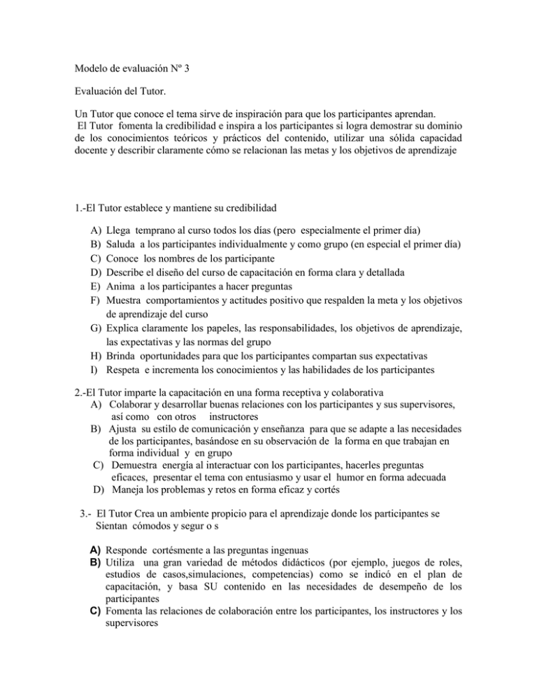 Modelo de evaluación Nº 3 Evaluación del Tutor. Un Tutor que