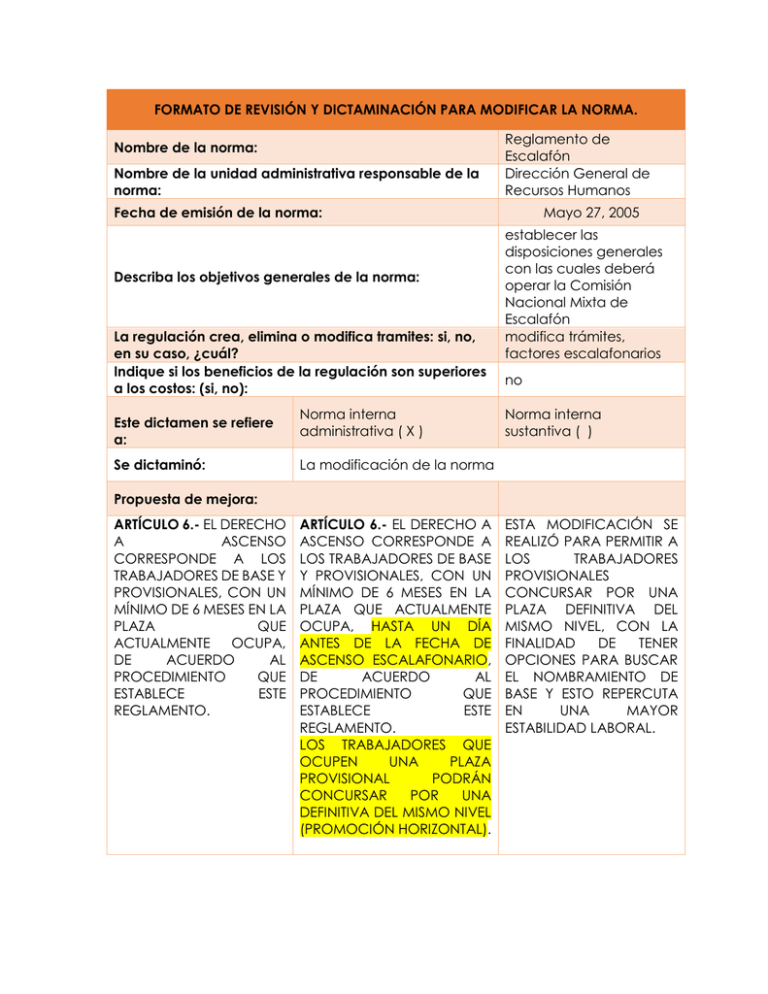 FORMATO DE REVISIÓN Y DICTAMINACIÓN PARA MODIFICAR LA NORMA.