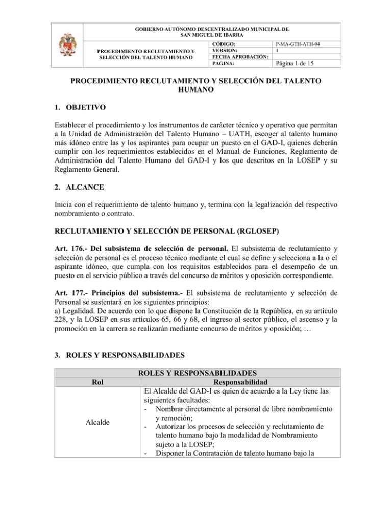 procedimiento reclutamiento y selección del talento humano