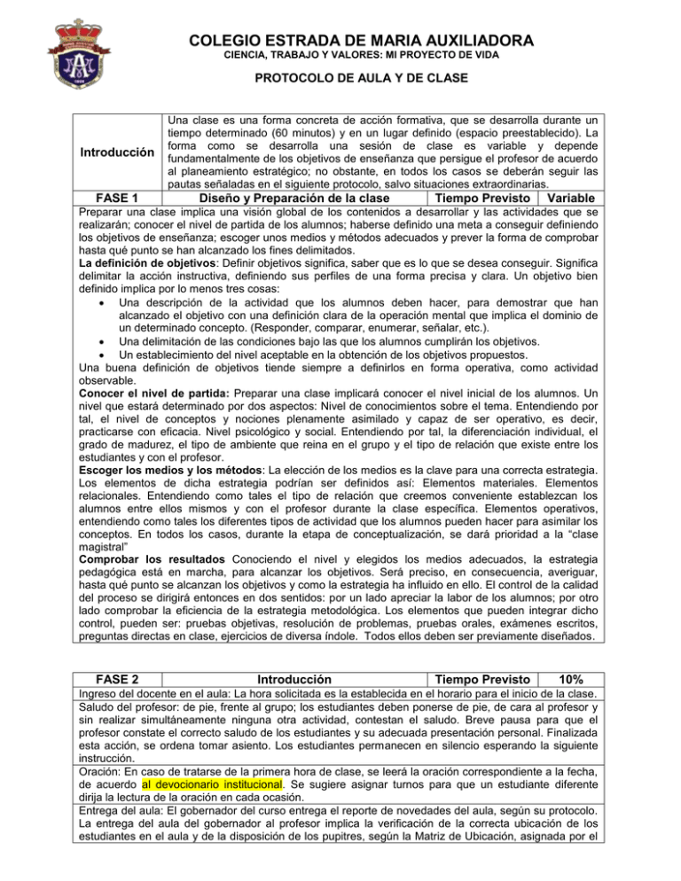 protocolo de aula y de clase - Colegio Estrada de María Auxiliadora