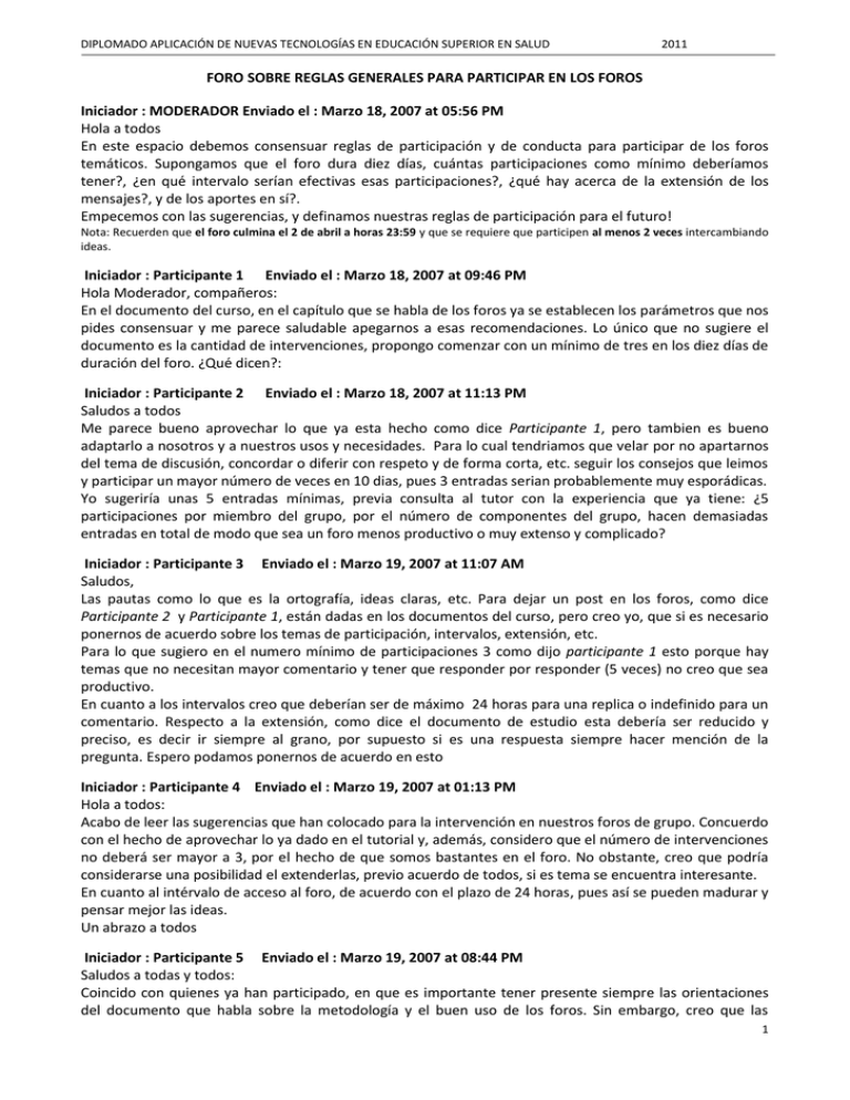 FORO SOBRE REGLAS GENERALES PARA PARTICIPAR EN LOS FOROS