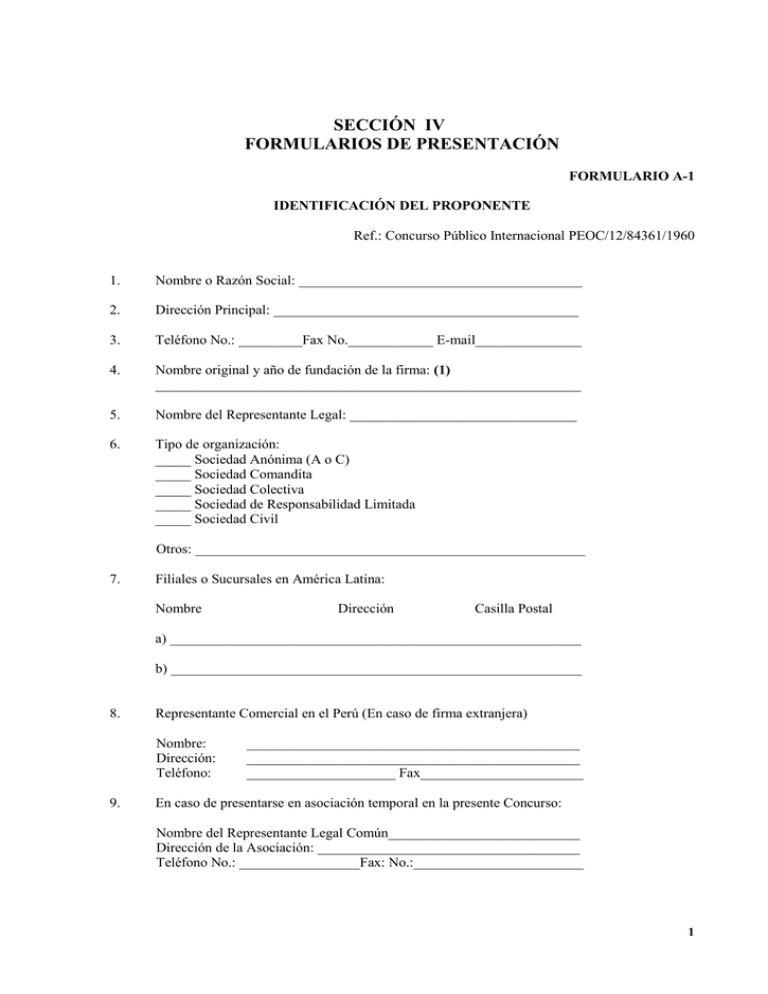 SECCIÓN IV FORMULARIOS DE PRESENTACIÓN