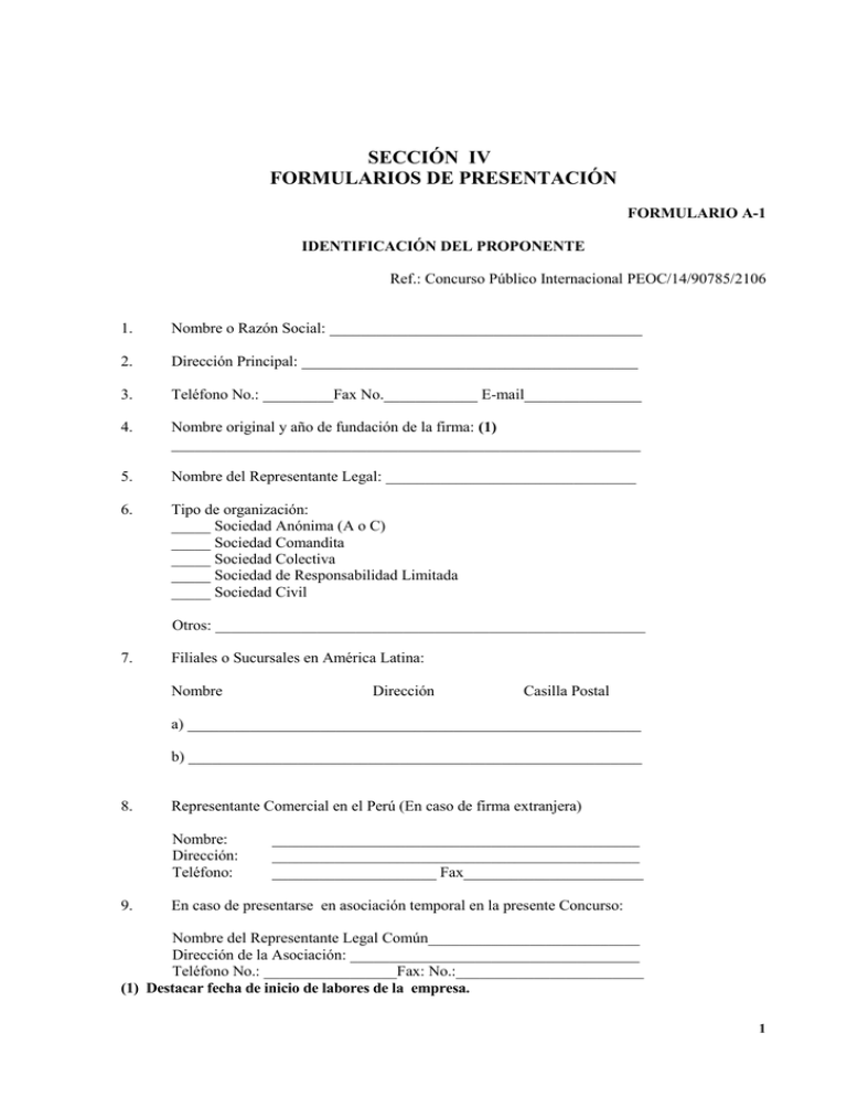 SECCIÓN IV FORMULARIOS DE PRESENTACIÓN