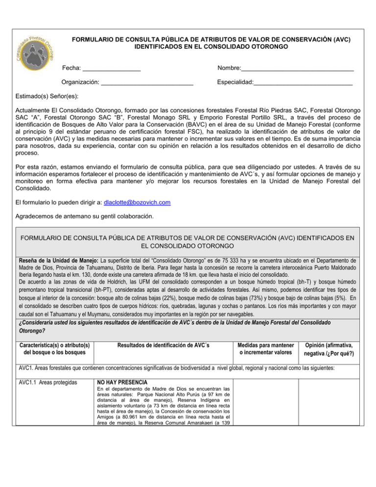 Formulario de consulta pública AVC´s identificados