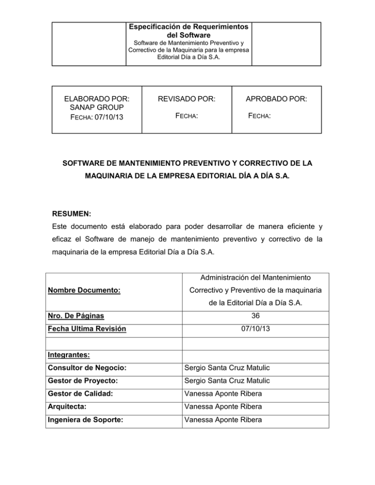 Especificación de Requerimientos del Software Software de