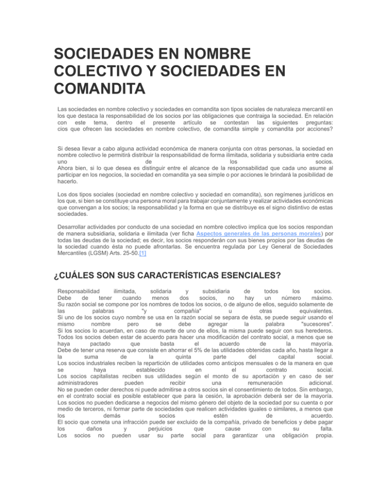 sociedades en nombre colectivo y sociedades en comandita