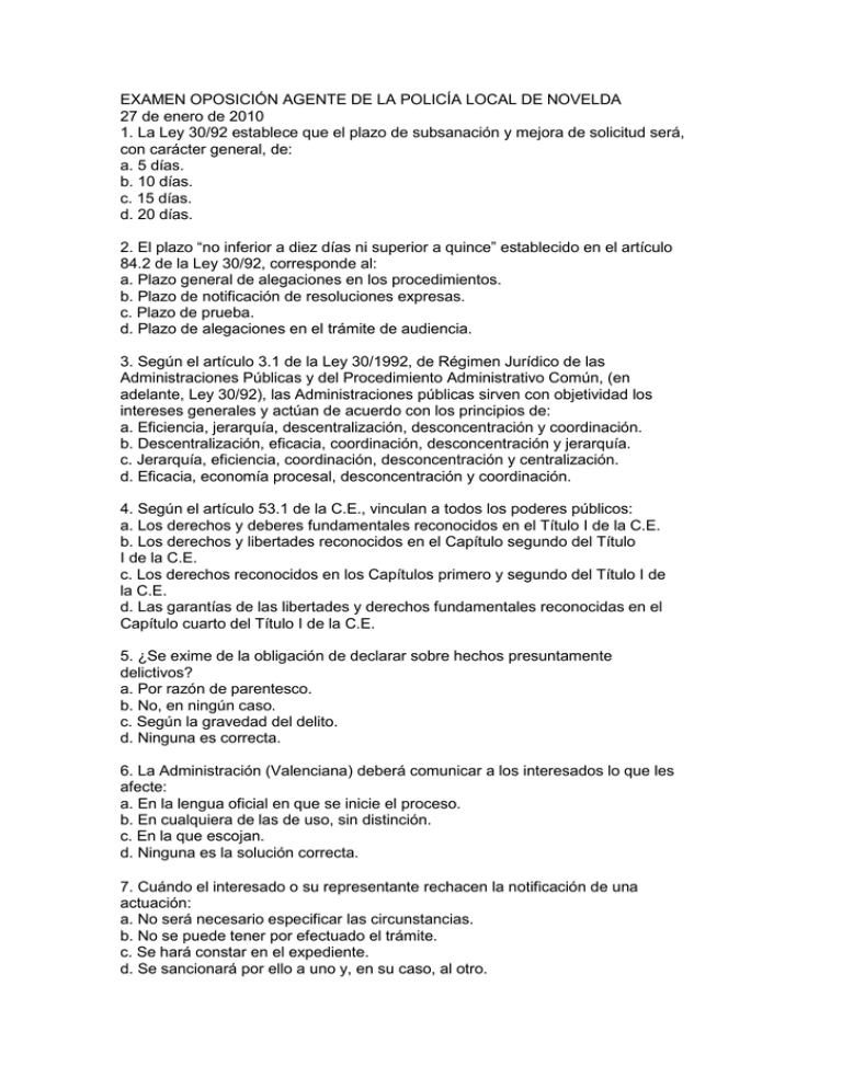 EXAMEN OPOSICIÓN AGENTE DE LA POLICÍA LOCAL DE