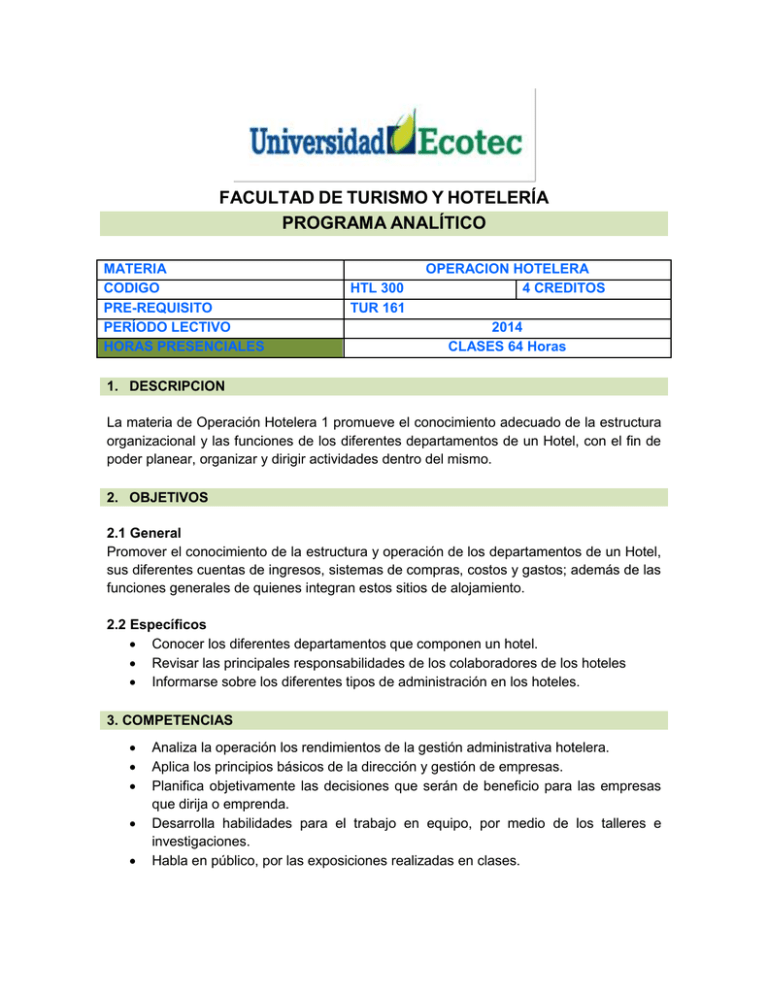 Programa Analítico Operación Hotelera
