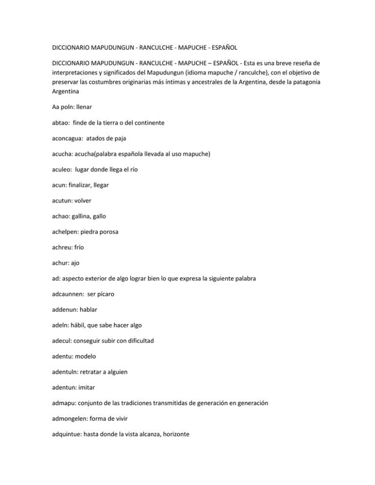 DICCIONARIO MAPUDUNGUN - RANCULCHE - MAPUCHE - ESPAÑOL