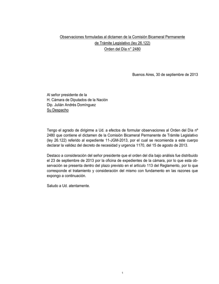 Observaciones formuladas al dictamen de la Comisión