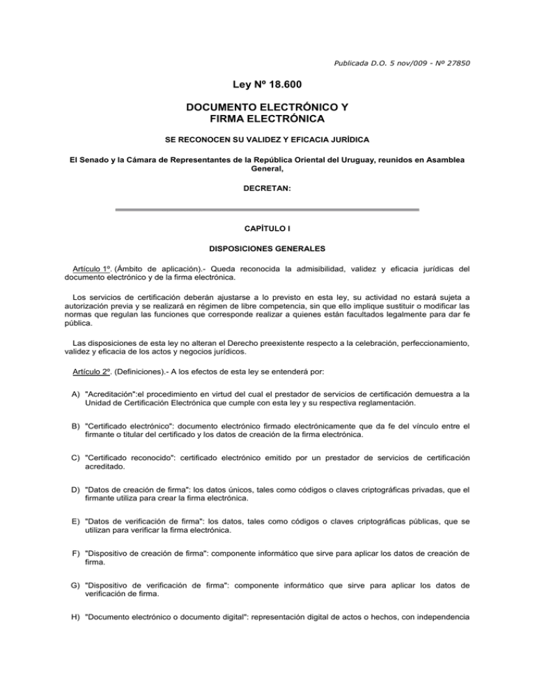 Ley N-¦ 18.600 DOCUMENTO ELECTR+ôNICO Y FIRMA ELECTR+