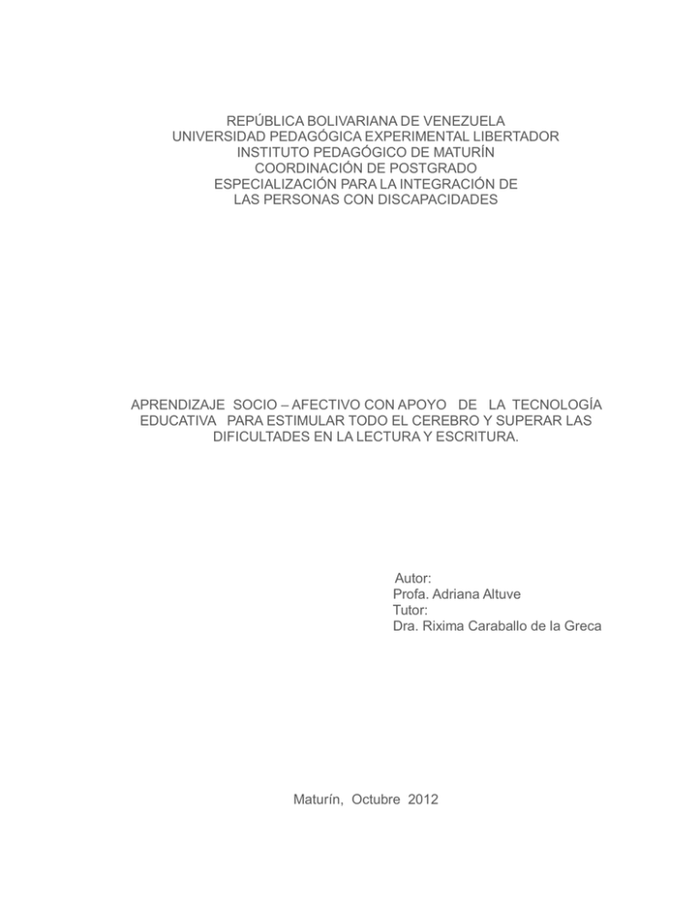 REPÚBLICA BOLIVARIANA DE VENEZUELA UNIVERSIDAD PEDAGÓGICA EXPERIMENTAL ...