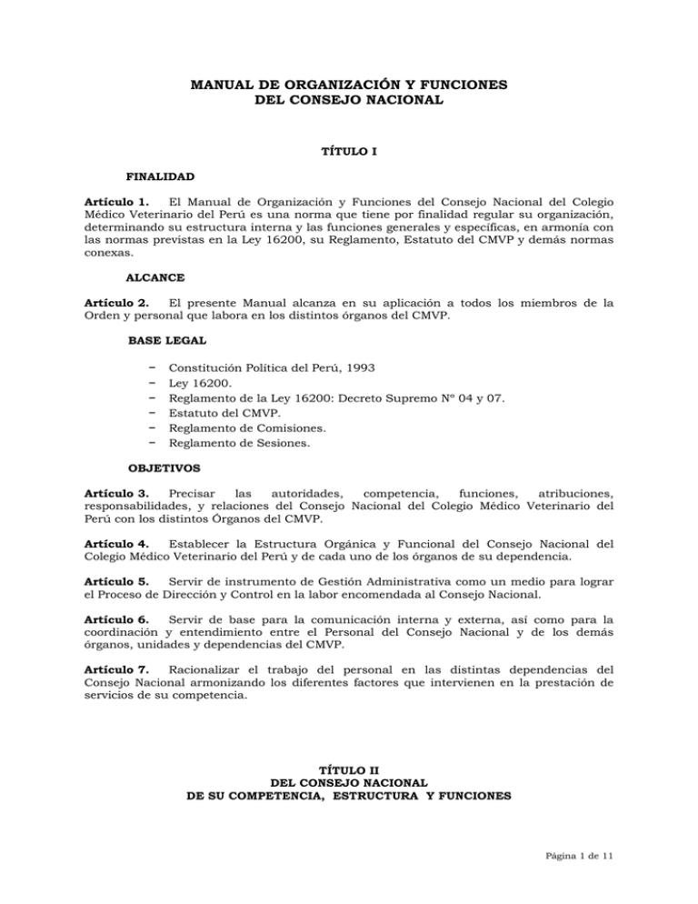 MANUAL DE ORGANIZACIÓN Y FUNCIONES DEL CONSEJO NACIONAL