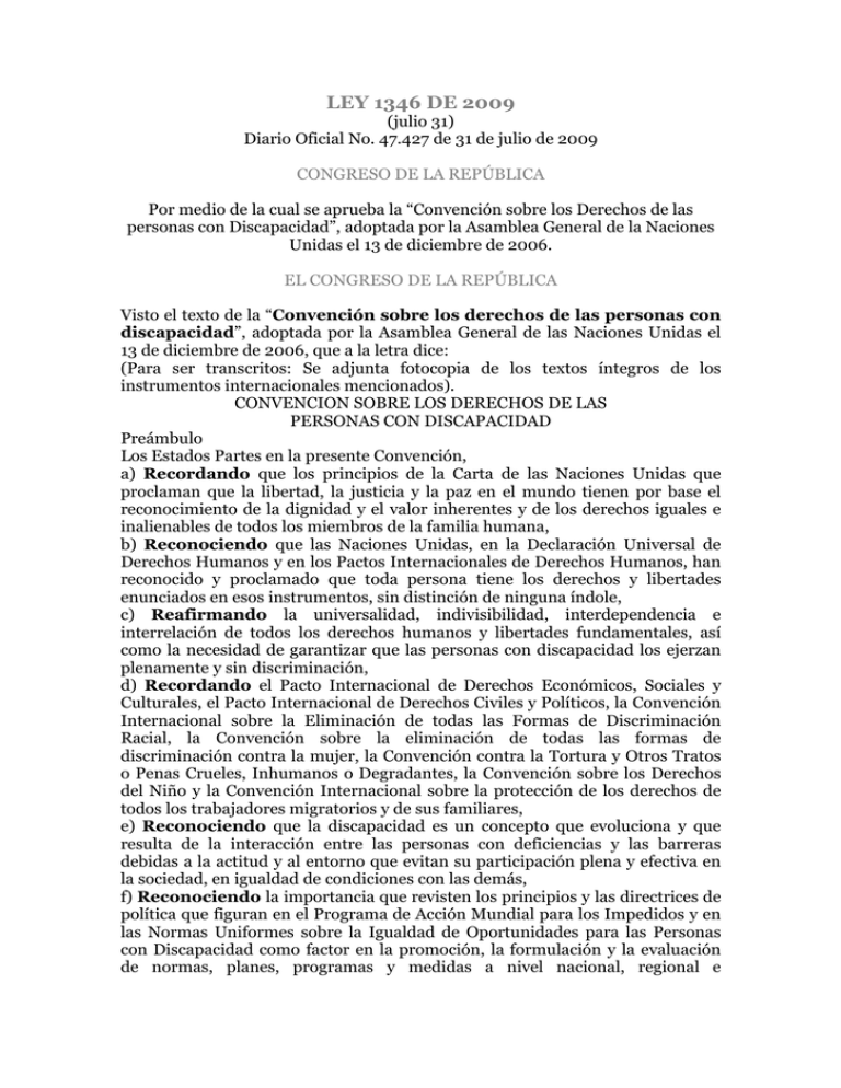 Ley 1346 de 2009 ratificación convención