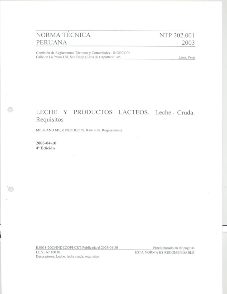 NORMA TÉCNICA NTP 202.001 PERUANA 2003