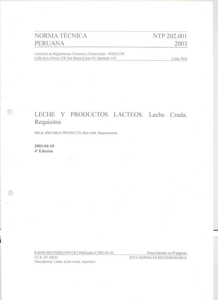 NORMA TÉCNICA NTP 202.001 PERUANA 2003