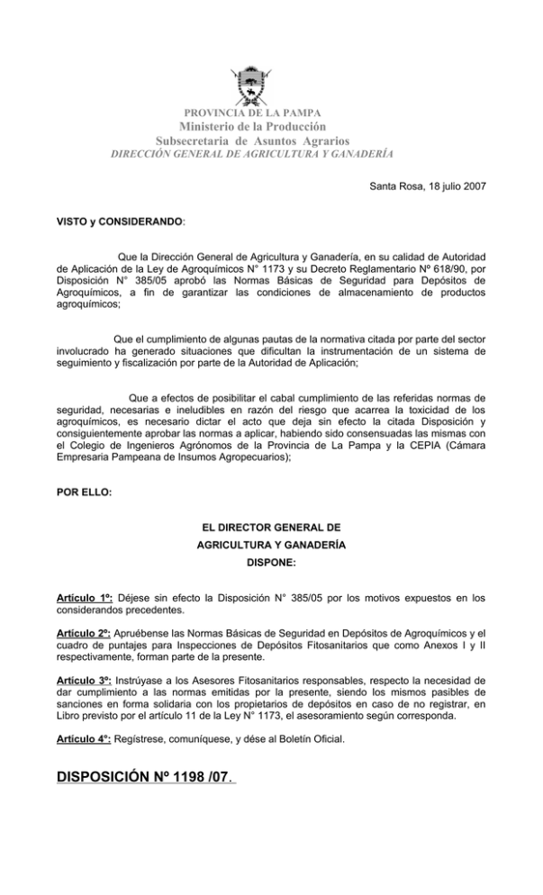 Disposición N° 1198/07