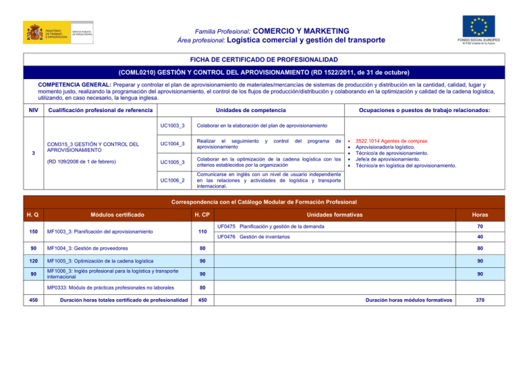 COML0210 GESTIÓN Y CONTROL DEL APROVISIONAMIENTO
