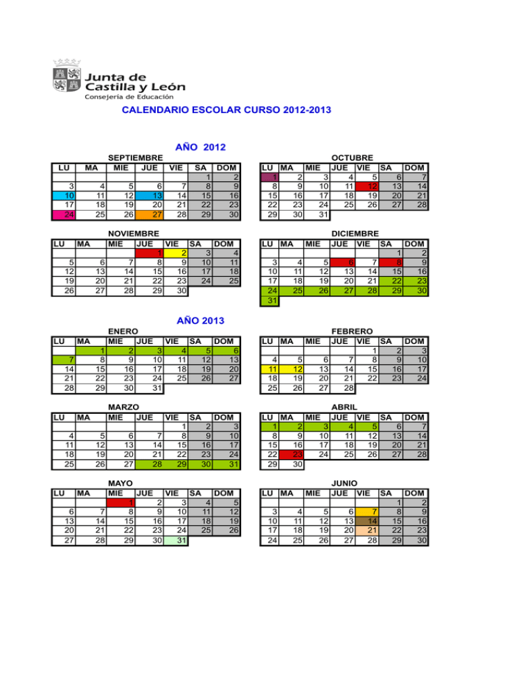 CALENDARIO ESCOLAR CURSO 2012-2013 AÑO 2012