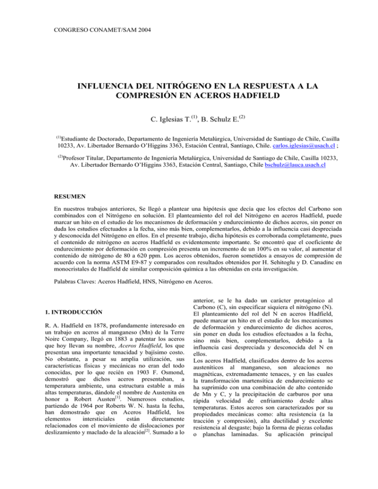 INFLUENCIA DEL NITR GENO EN LA RESPUESTA A LA COMPRESI N EN ACEROS HADFIELD