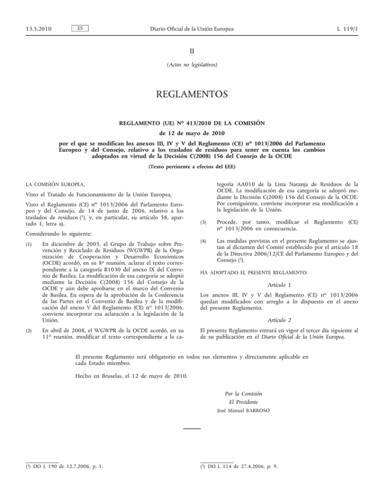 Reglamento UE 413/2010