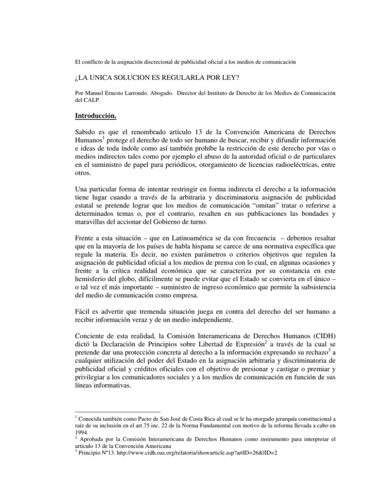 El conflicto de la asignaci n discrecional de publicidad oficial a los medios de comunicaci n ...