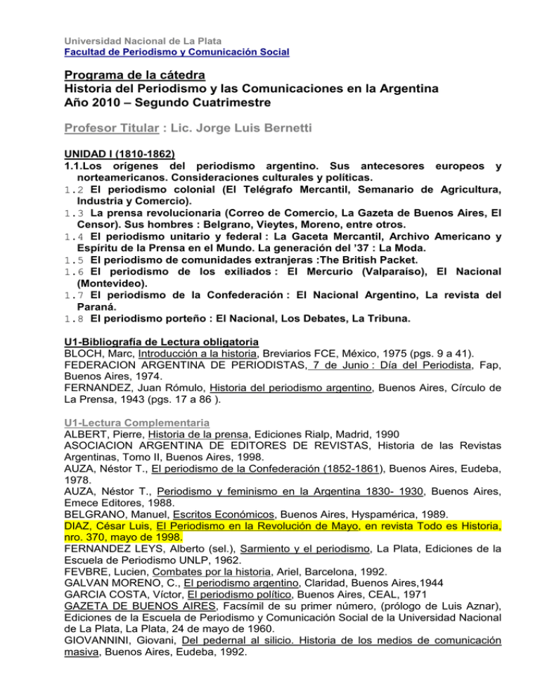 Programa de la cátedra Año 2010 – Segundo Cuatrimestre
