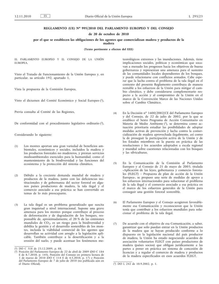 Reglamento (UE) nº 995/2010 del Parlamento Europeo y del Consejo