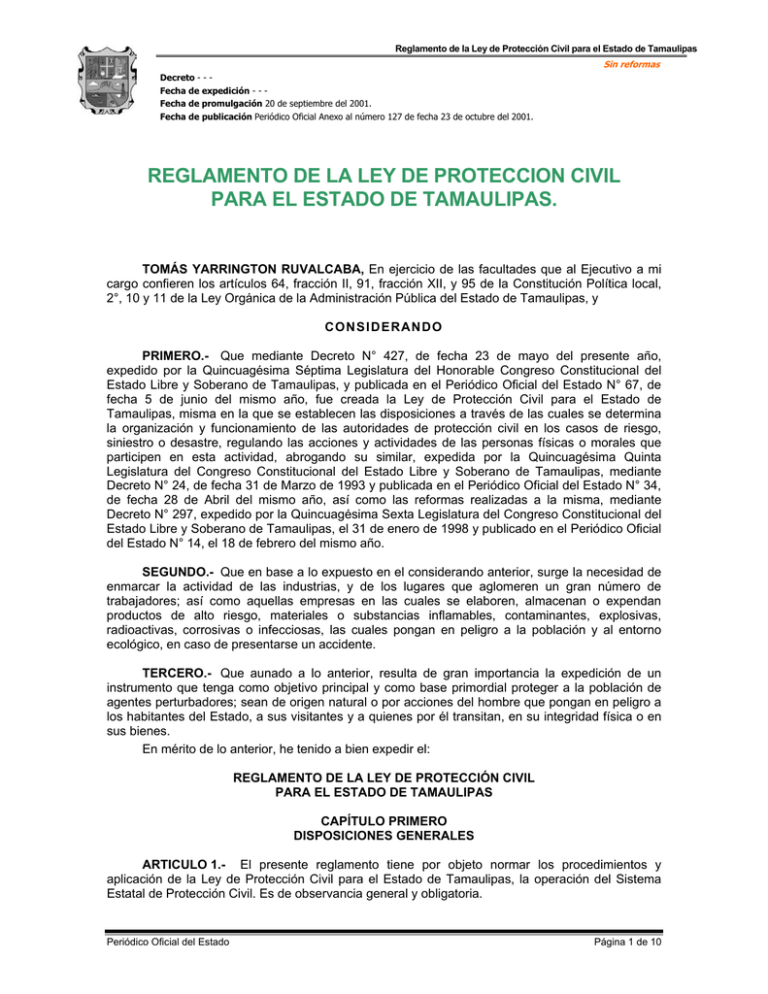Reglamento de la Ley de Protección Civil para el Estado de Tamaulipas
