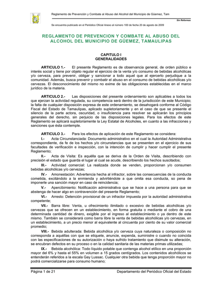 Reglamento de Prevención y Combate al Abuso del Alcohol