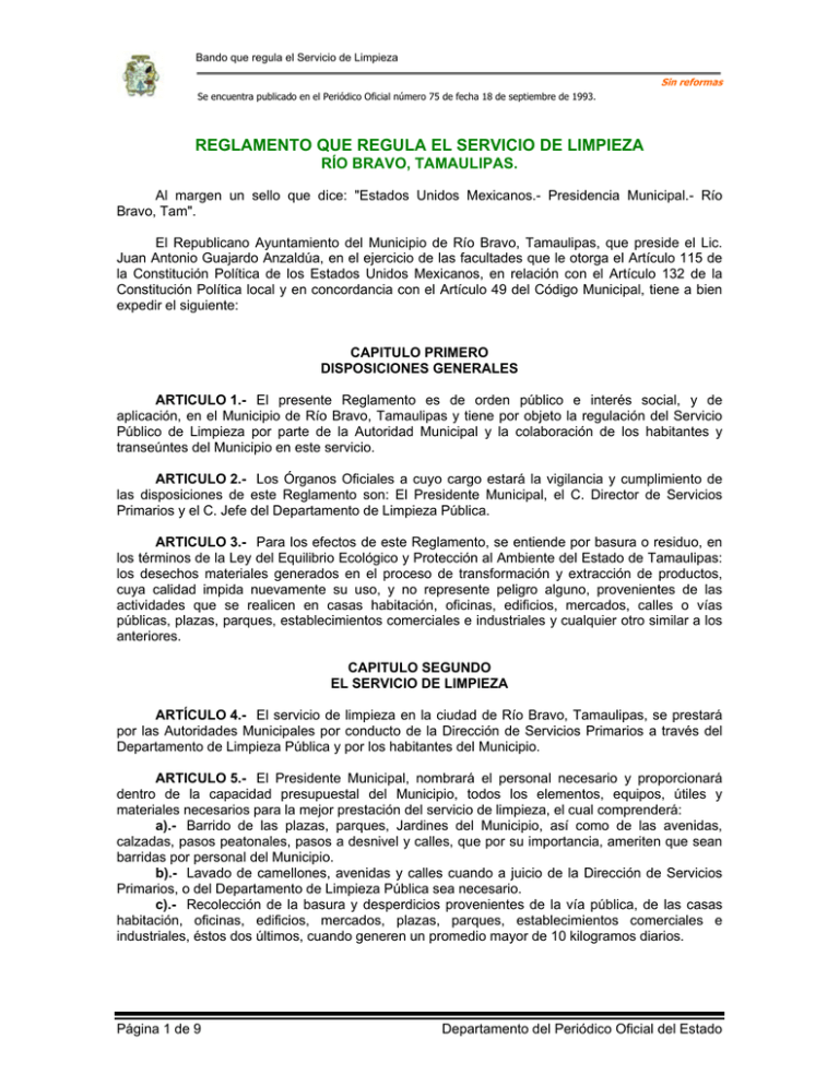 Reglamento que regula el Servicio de Limpieza