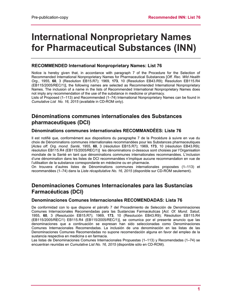 International Nonproprietary Names for Pharmaceutical Substances (INN)