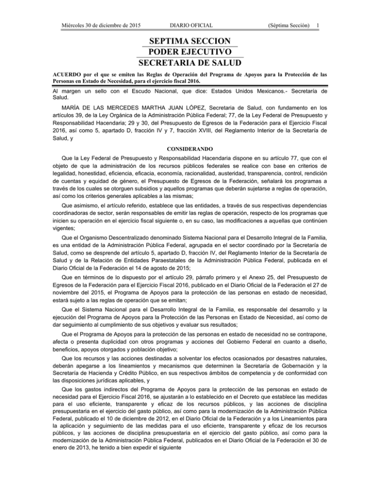 Acuerdo por el que se emiten las Reglas de Operación del Programa de Apoyos para la Protección ...