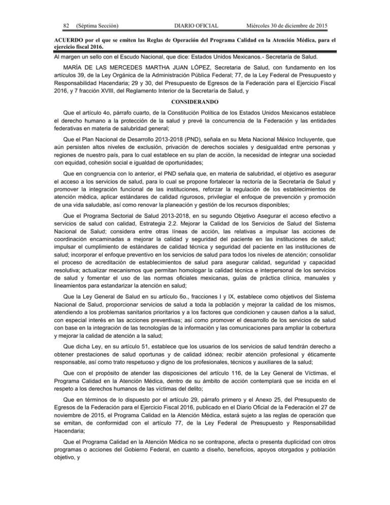 Acuerdo por el que se emiten las Reglas de Operación del Programa Calidad en la Atención Médica ...